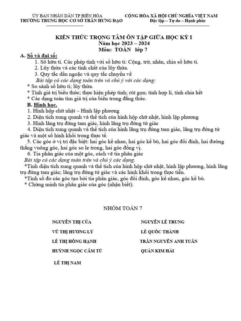 Kiến Thức Tt Toan 7 Giua Hk1 23 -24 | PDF