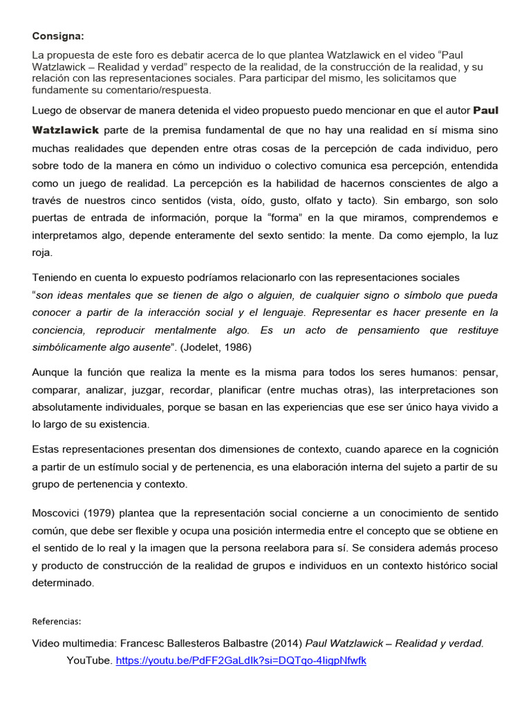 Realidad y Representaciones Sociales según Watzlawick | PDF | Realidad ...