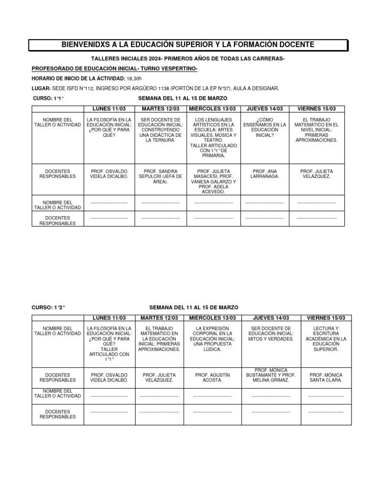 Prof. de Educacion Inicial Taller Inicial 2024 | PDF | Educación de la primera infancia | Maestros
