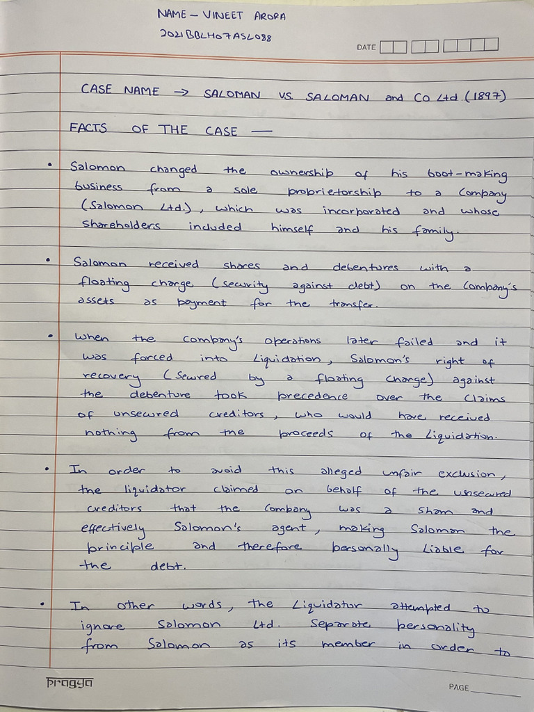 Salomon Vs Salomon Case Study | PDF