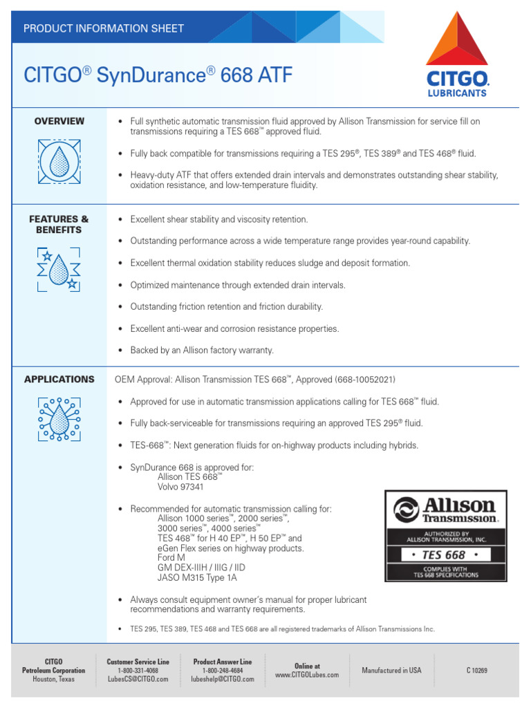 CITGO® SynDurance® 668 ATF | PDF | Mechanical Engineering | Liquids