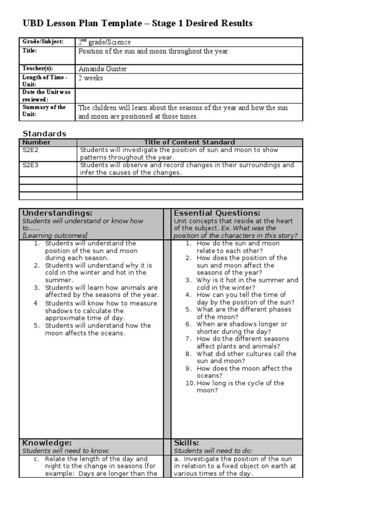 UBD Stages 1, 2, and 3 - Amanda Gunter | PDF | Moon | Time