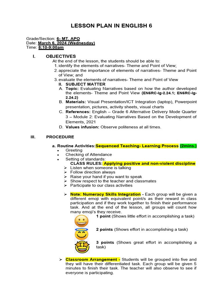 COT 3- DEMO- LESSON PLAN IN ENGLISH 6 | PDF | Lesson Plan | Narrative