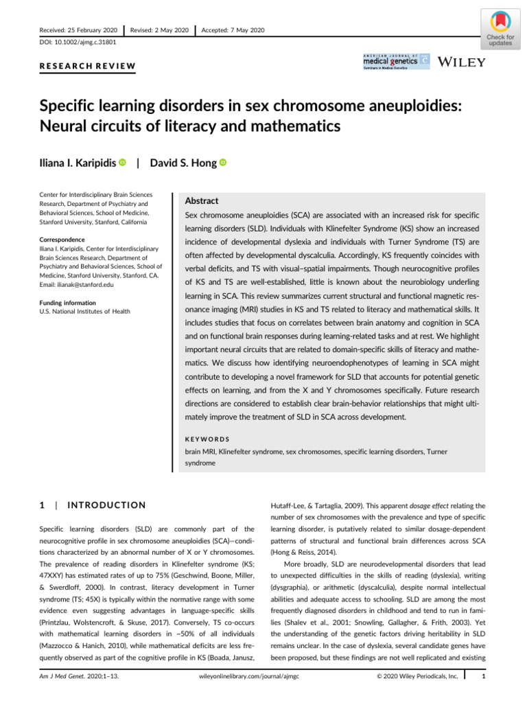 22 Specific Learning Disorders In Sex Chromosome Aneuploidies Neural Circuits Of Literacy And