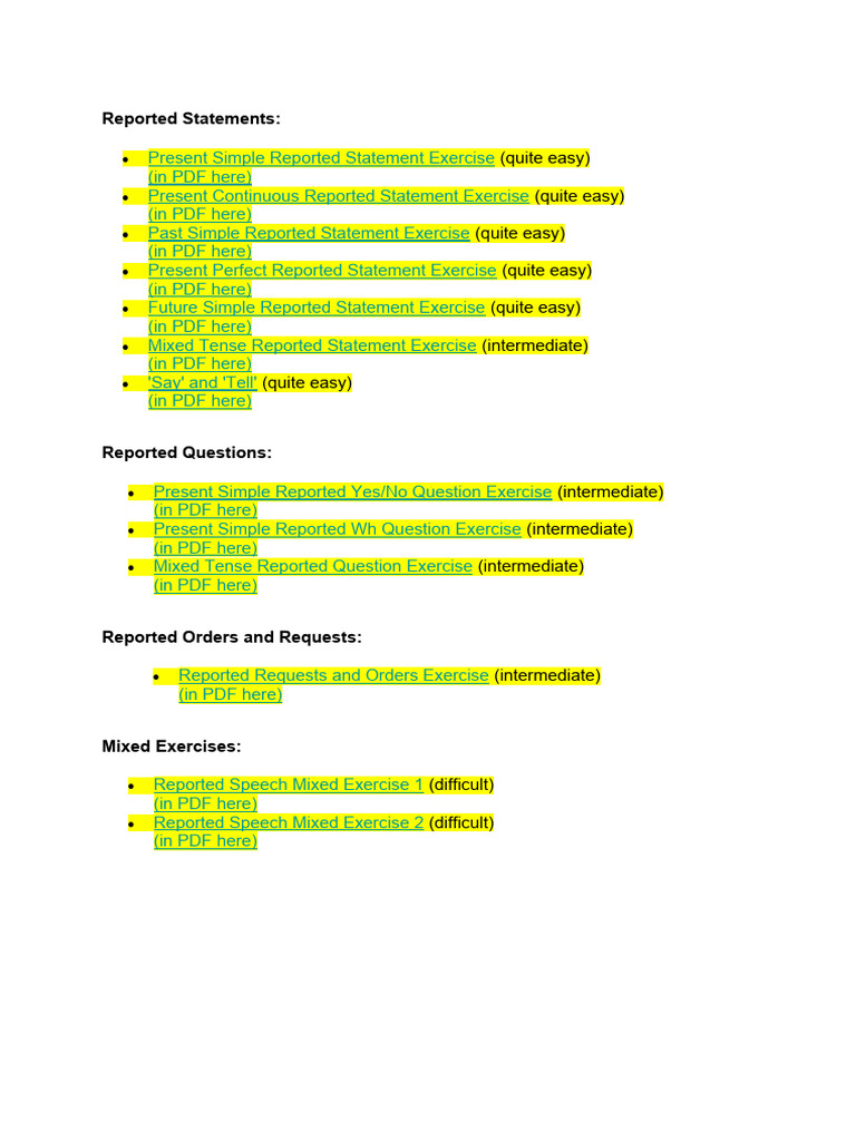 Reported Statements Perfect English Grammar Solved Exersises | PDF Reported Statements Perfect English Grammar Solved Exersises | PDF