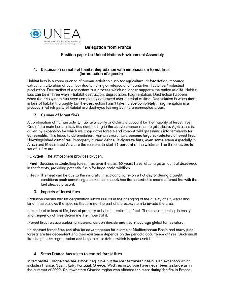 France - UNEA - Position Paper | PDF | Wildfire | Habitat Destruction