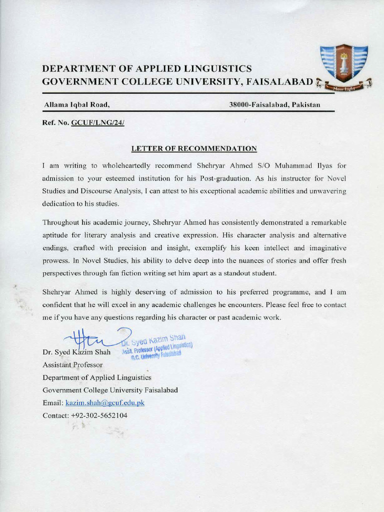 Kazim's Recommendation Letter | PDF