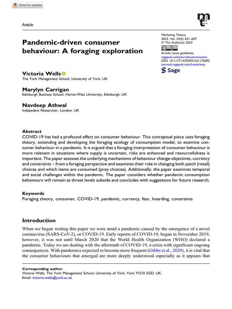 Wells Et Al 2023 Pandemic Driven Consumer Behaviour a Foraging Exploration | PDF | Foraging ...