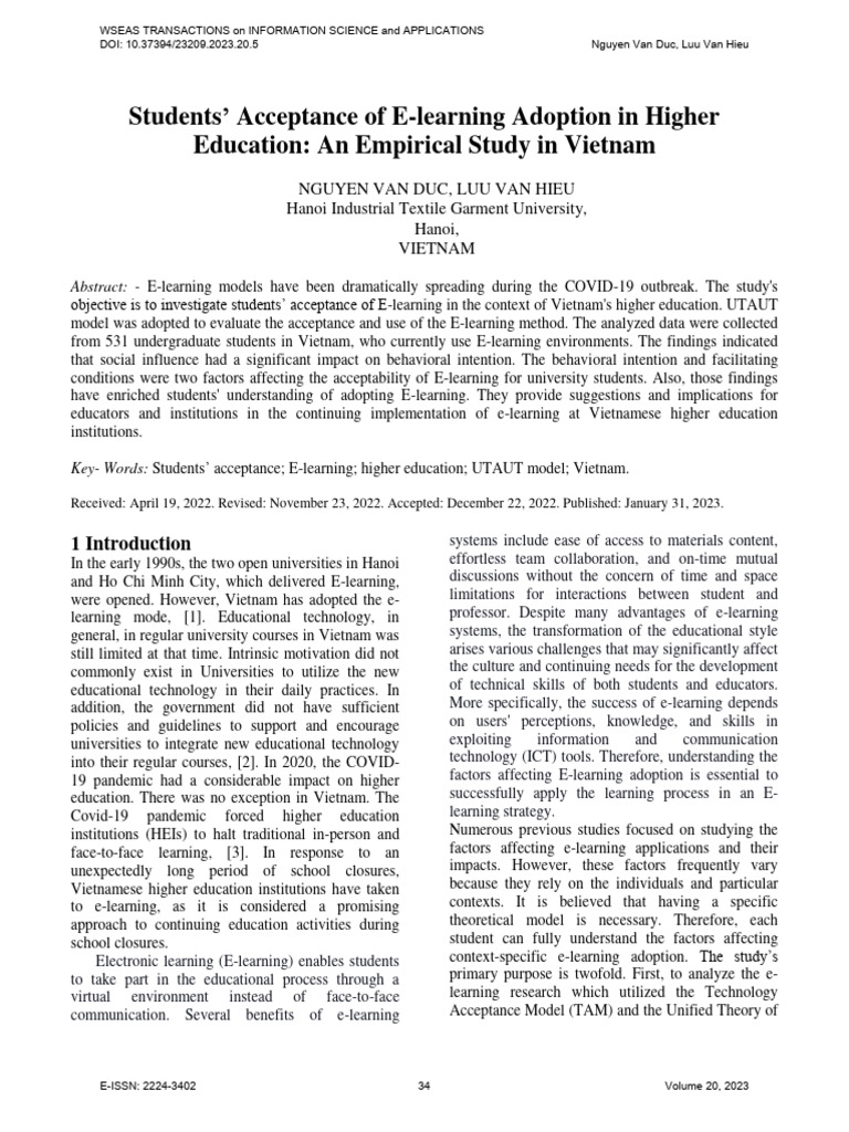 Students Acceptance of E-Learning Adoption in Hig | Download Free PDF | Educational Technology ...