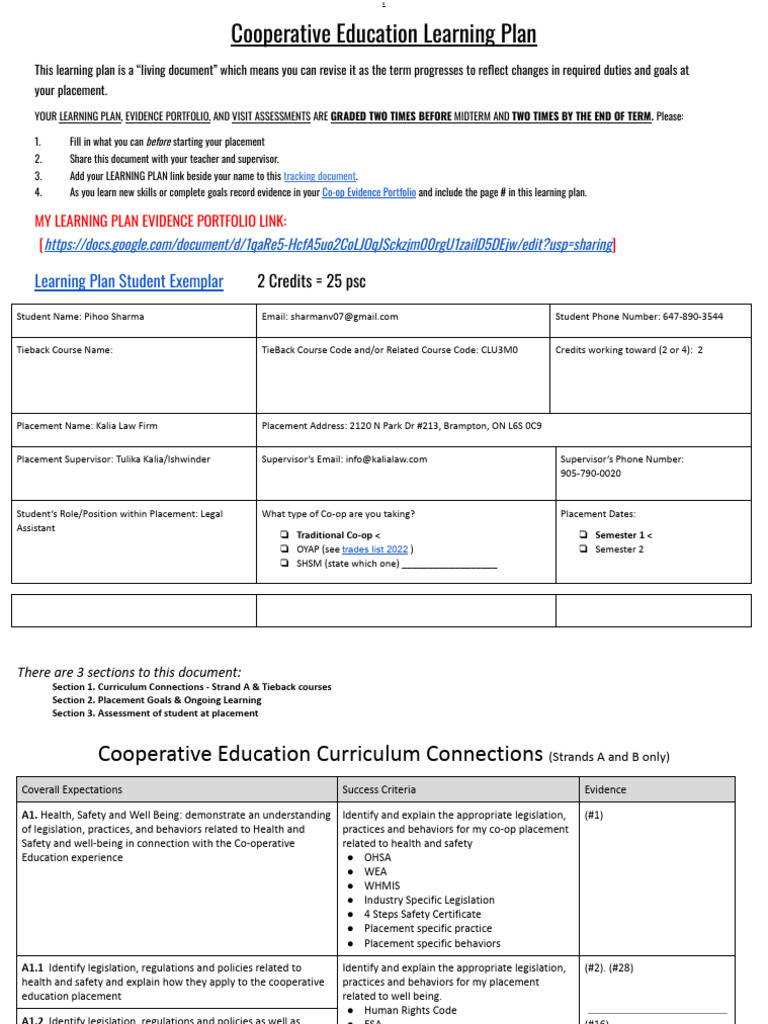 Pihoo Co-Operative Education Learning Plan (CELP) - 2 Credit - Chinguacousy 2023-2024 | PDF ...