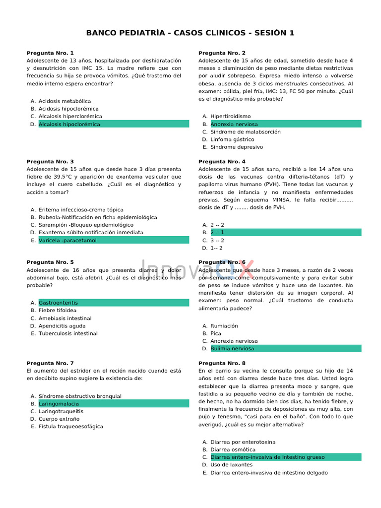 Pediatría - Banco de Preguntas - Caso Clínico - Sesión 1 - Con Claves | PDF | Neumonía | Tos