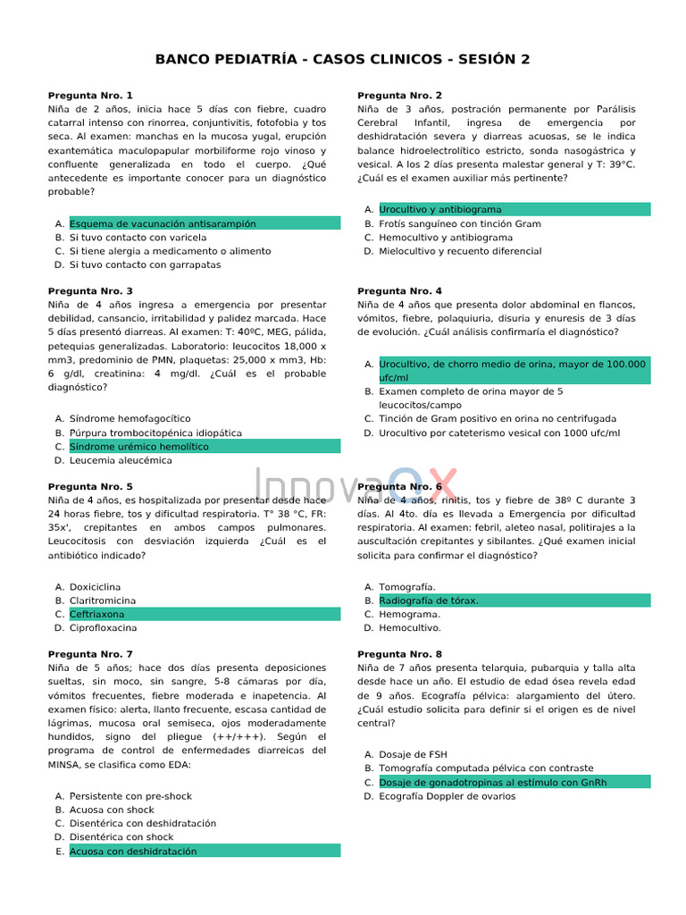 Pediatría - Banco de Preguntas - Caso Clínico - Sesión 2 - Con Claves | PDF | Diarrea | Tos