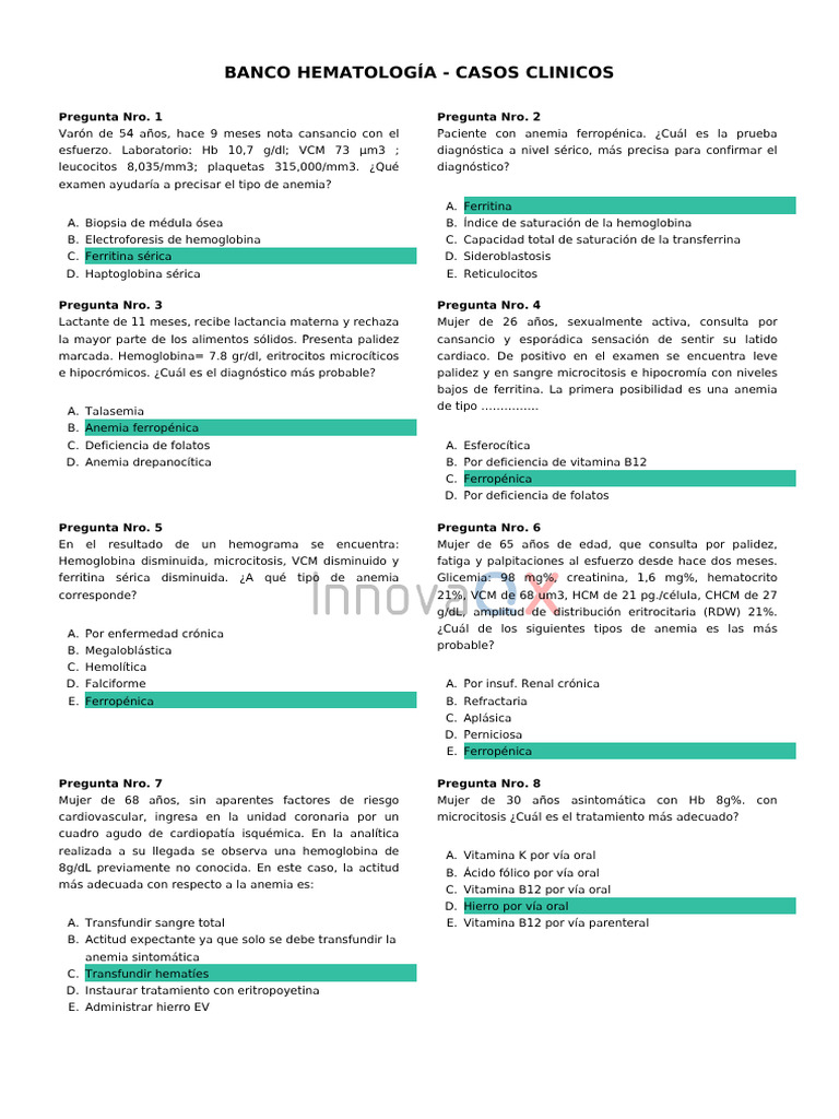 Hematología - Banco de Preguntas - Caso Clínico - Con Claves | PDF