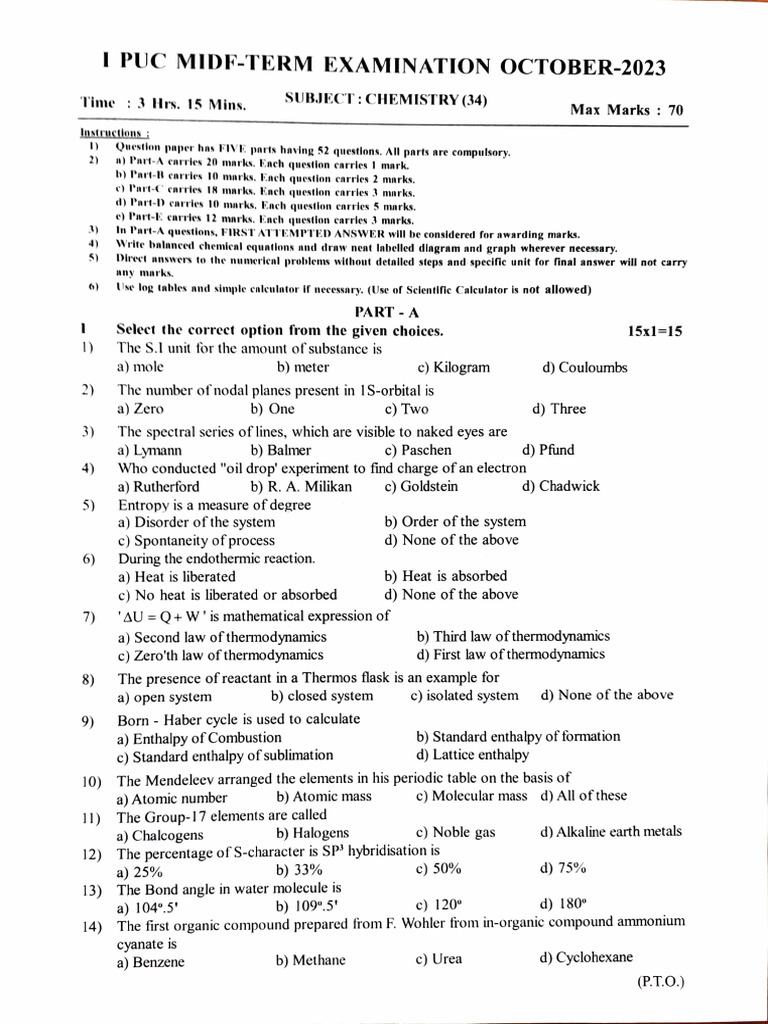 1pu Chem Midterm QP Bangalore South | PDF | Chemical Bond | Hydrogen 1pu Chem Midterm QP Bangalore South | PDF | Chemical Bond | Hydrogen