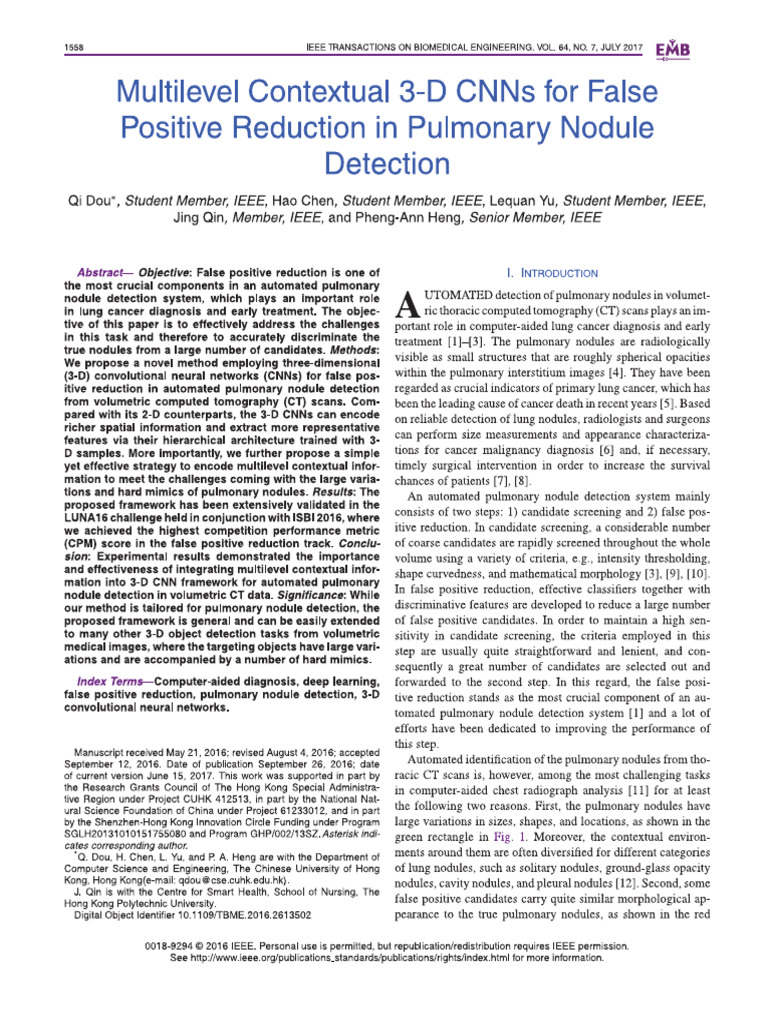 Multilevel Contextual 3 D Cnns For False Positive Reduction In Pulmonary Nodule Pdf