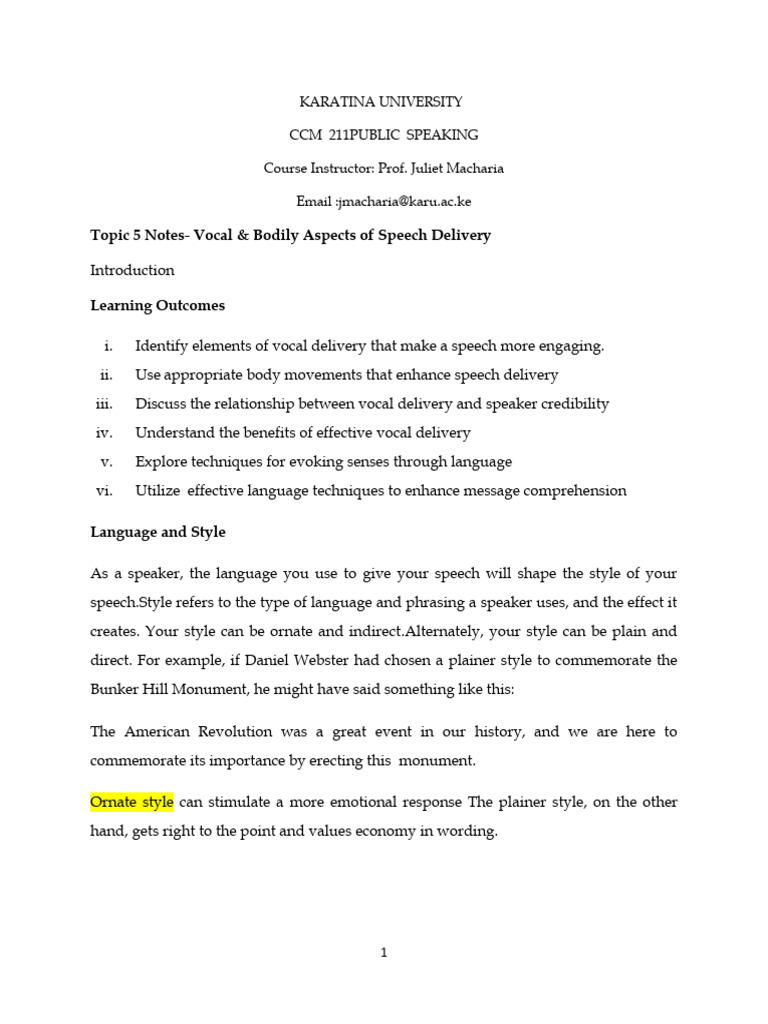 CCM 211 Topic 5 Notes-Vocal Bodily Aspects of Speech Delivery | PDF ...