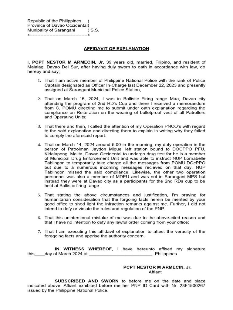 Affidavit of Explanation by PNP Officer | PDF | Affidavit | Law Enforcement