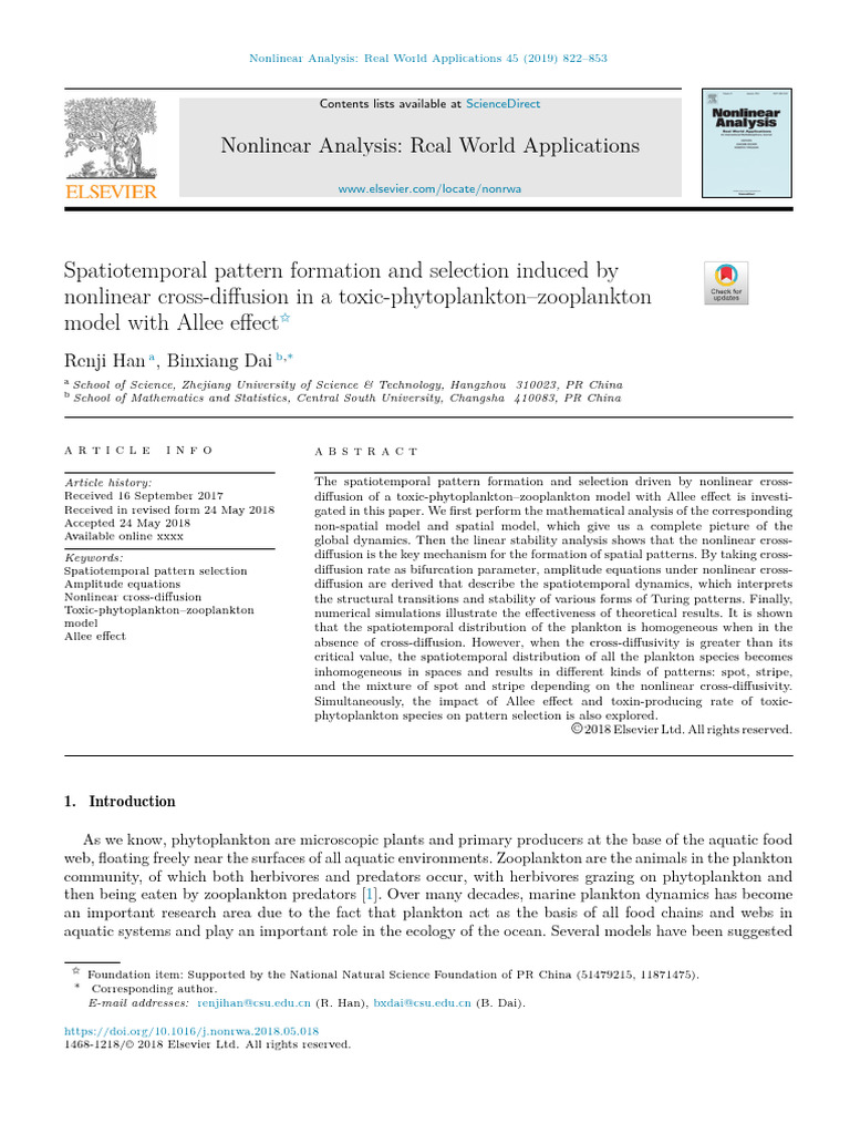 Spatiotemporal Pattern Formation and Sel | PDF | Phytoplankton | Diffusion