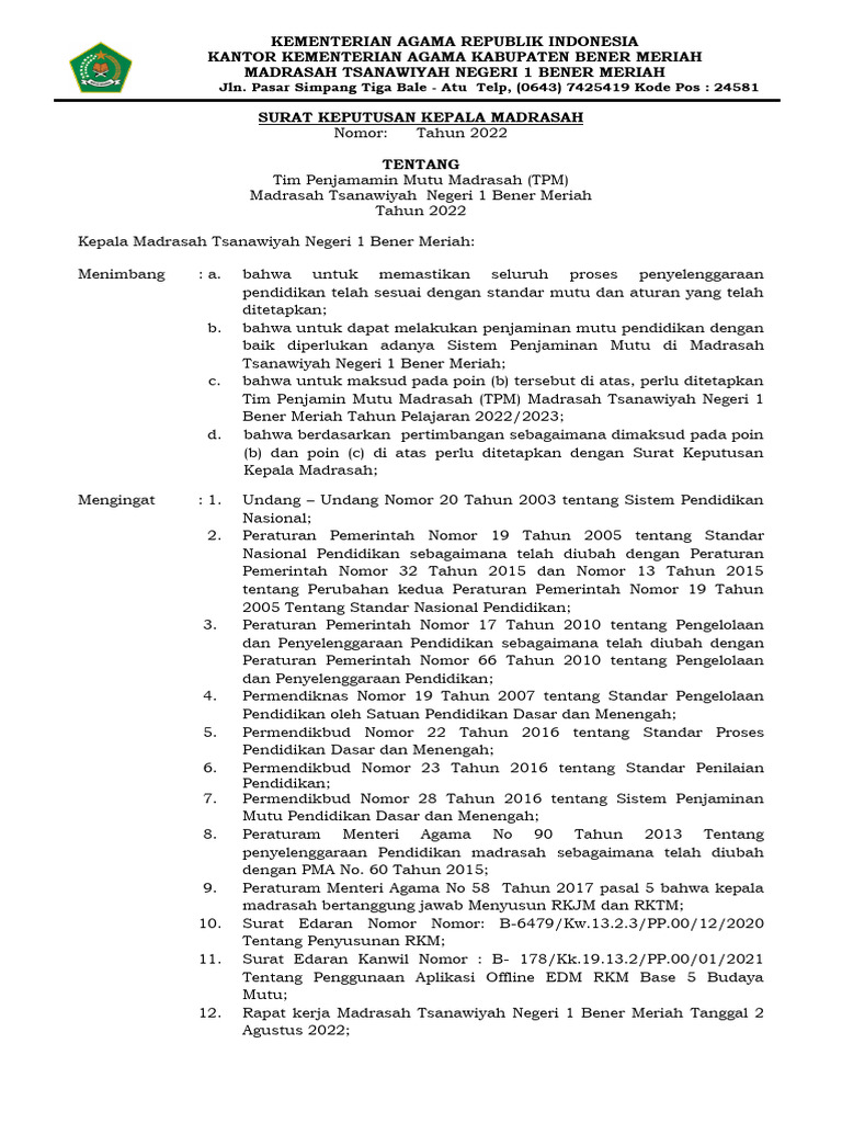 Pembentukan Tim Penjamin Mutu 2022 | PDF