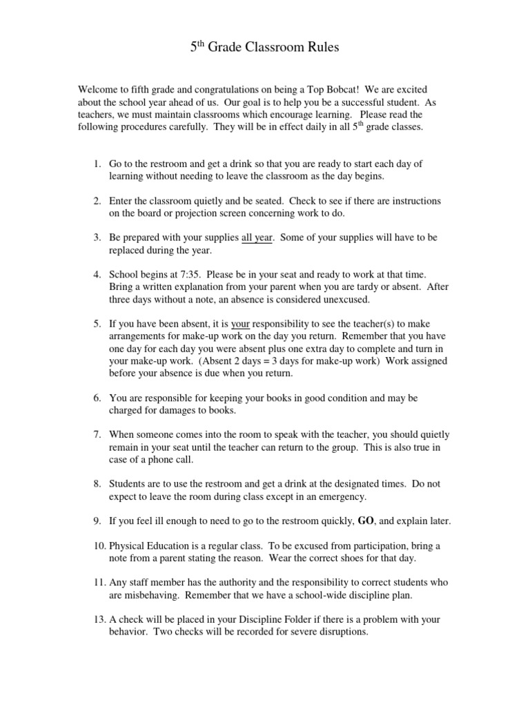 5th Grade Classroom Rules | PDF | Classroom | Teachers