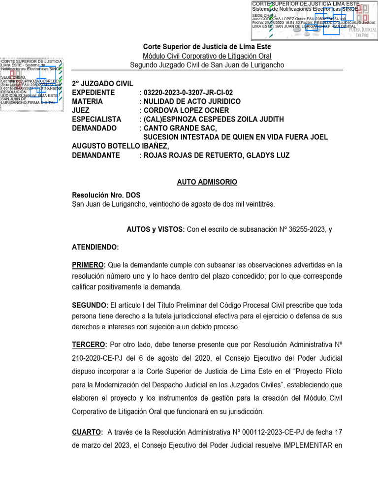 Auto Admisorio 3220-2023 | PDF | Demanda judicial | Ley procesal