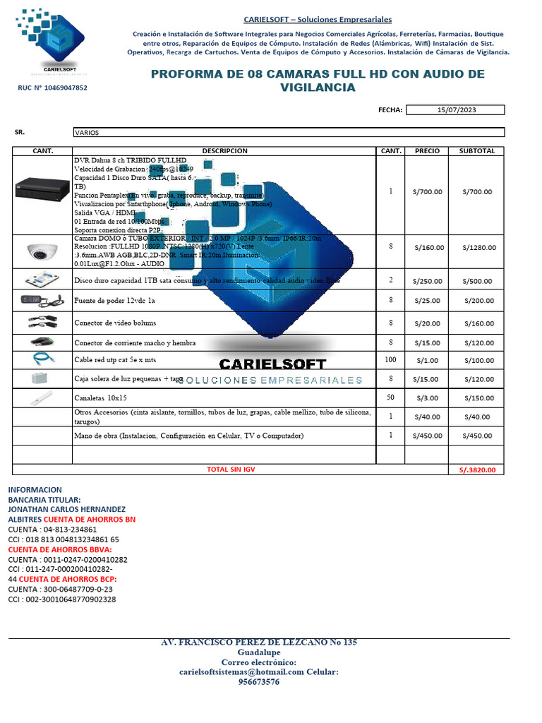 Proforma 4 Camaras Full HD Con Audio 2 MP - Jugueria Luz Del Mar Chepen | Descargar gratis PDF ...