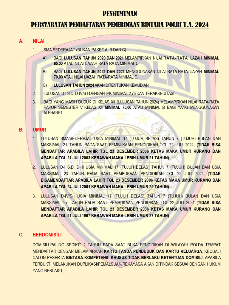 PENGUMUMAN PERSYARATAN BINTARA 2022 | PDF