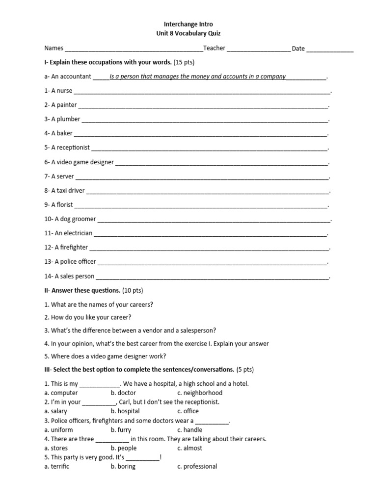 Unit 8 Vocabulary Quiz: Careers Explained | PDF | Career & Growth ...