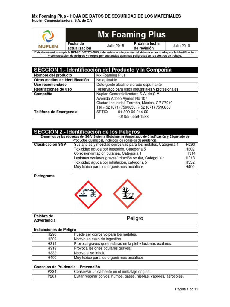 Hoja de Seguridad Mx Foaming Plus | PDF | Quemar | Solubilidad