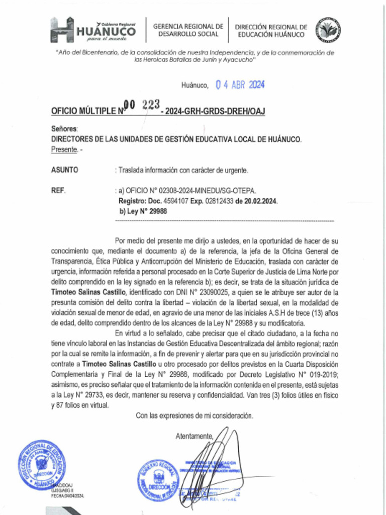 Oficio Múltiple N°00223-2024-Grh-Grds-Dreh-Oaj | PDF