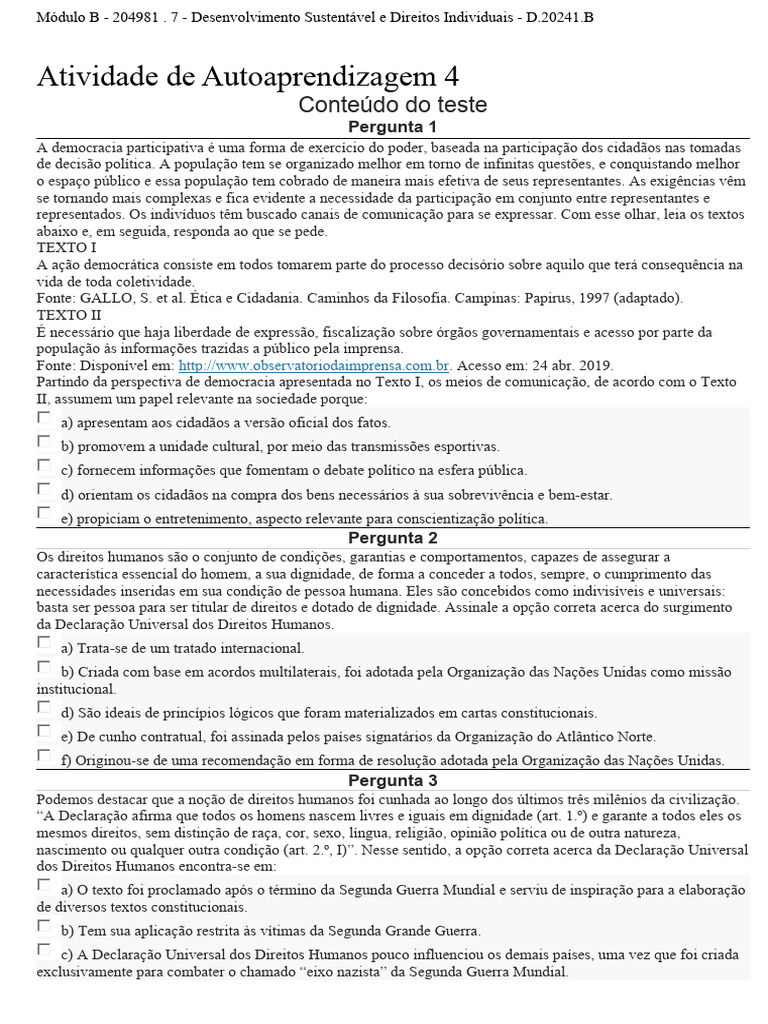 Módulo - Desenvolvimento - Ativ 04 | PDF | Direitos Humanos | Cidadania