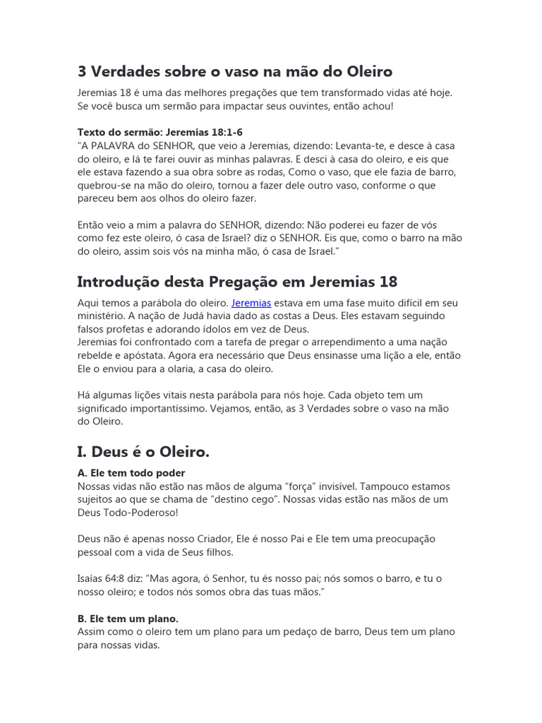 3 Verdades Sobre O Vaso Na Mão Do Oleiro Pdf Jeremias Cerâmica