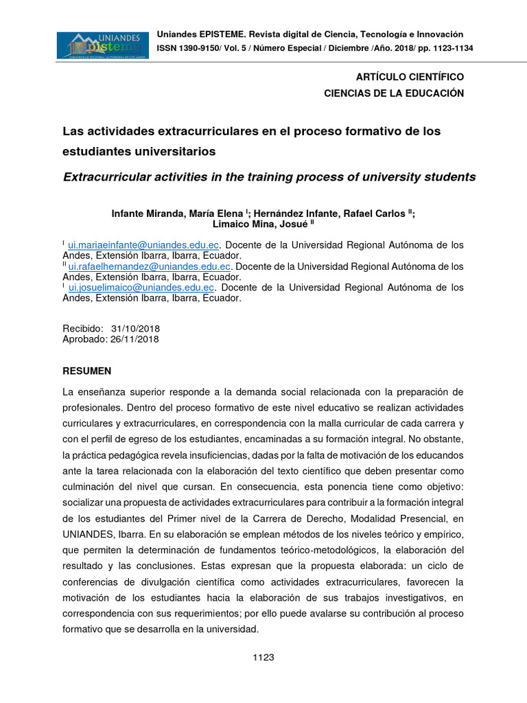 Las Actividades Extracurriculares en El Proceso Formativo de Los ...
