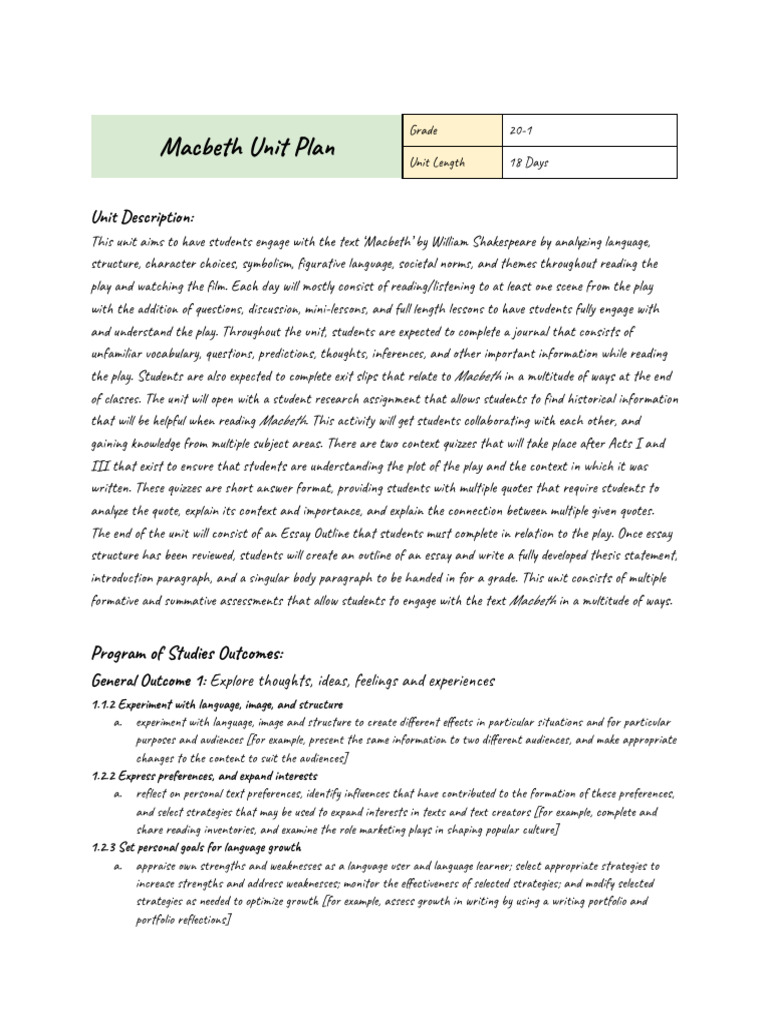 Macbeth Unit Plan 1 | PDF | Essays | Information