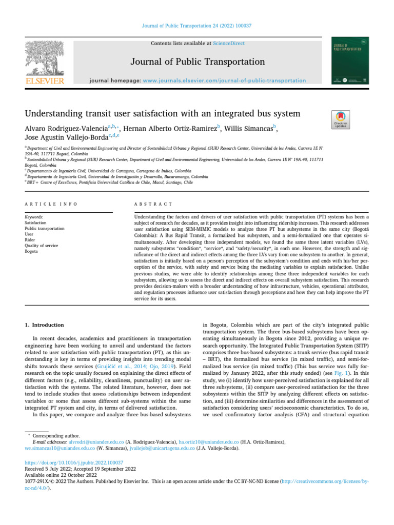 Understanding Transit User Satisfaction With An - 2022 - Journal of ...