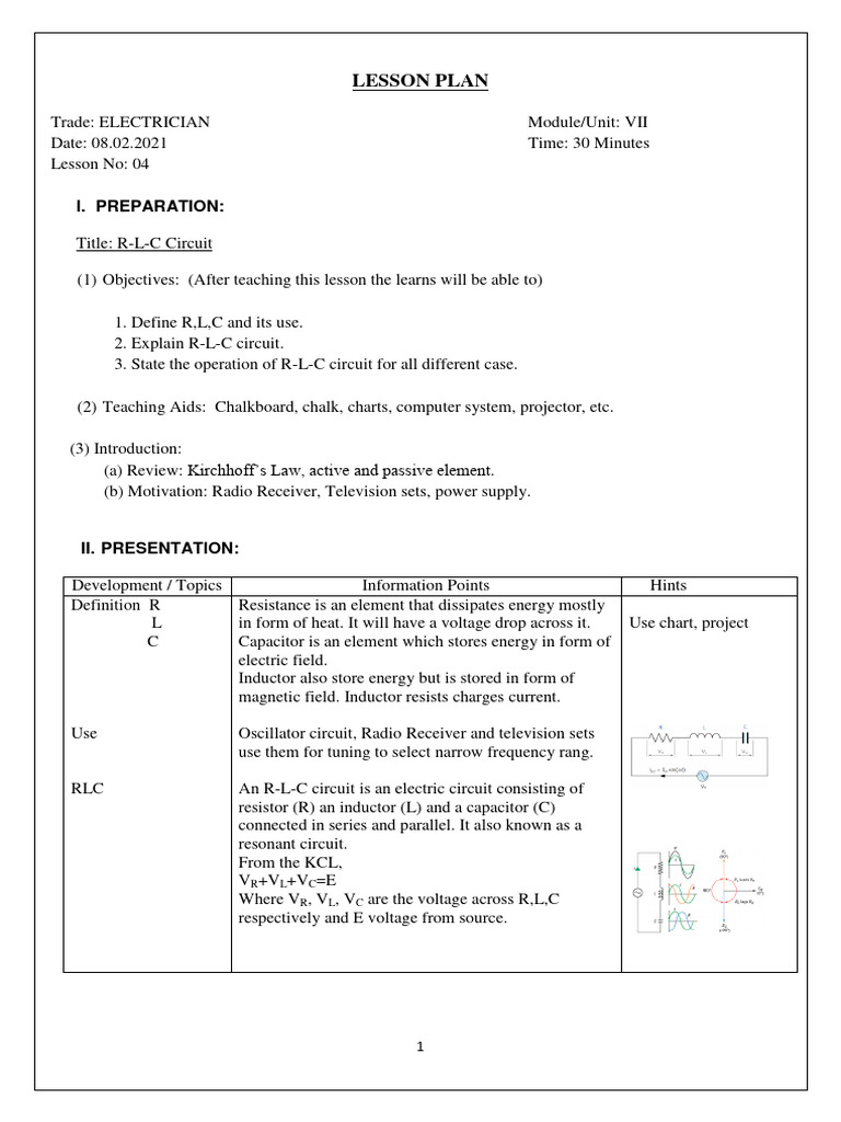 R-L-C Circuit Lesson Plan for Electricians | PDF | Electrical Network ...
