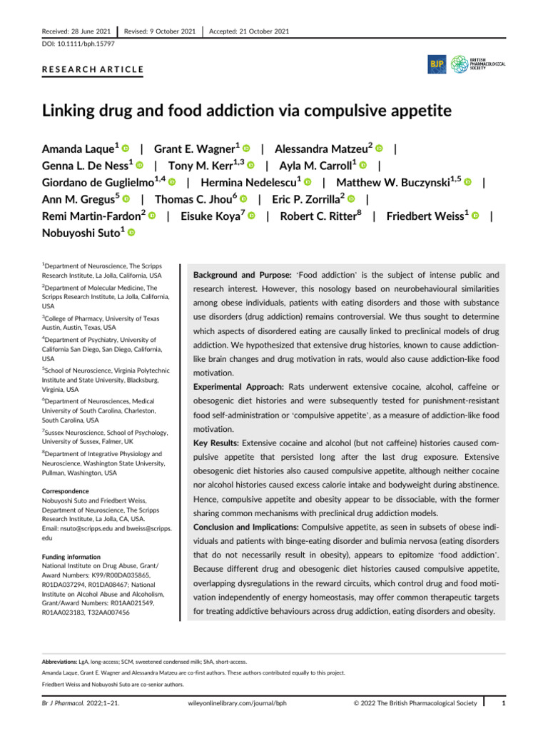 British J Pharmacology - 2022 - Laque - Linking Drug and Food Addiction Via Compulsive Appetite ...