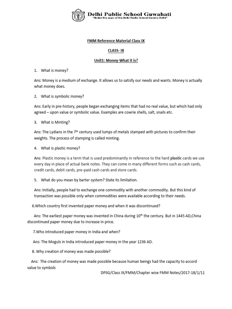 Class IX FMM Notes: Money Concepts | PDF | Cheque | Banks