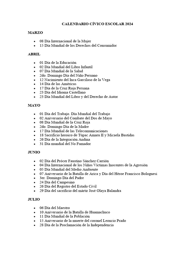 Calendario Civico Escolar 2024 | PDF | Perú | América del Sur