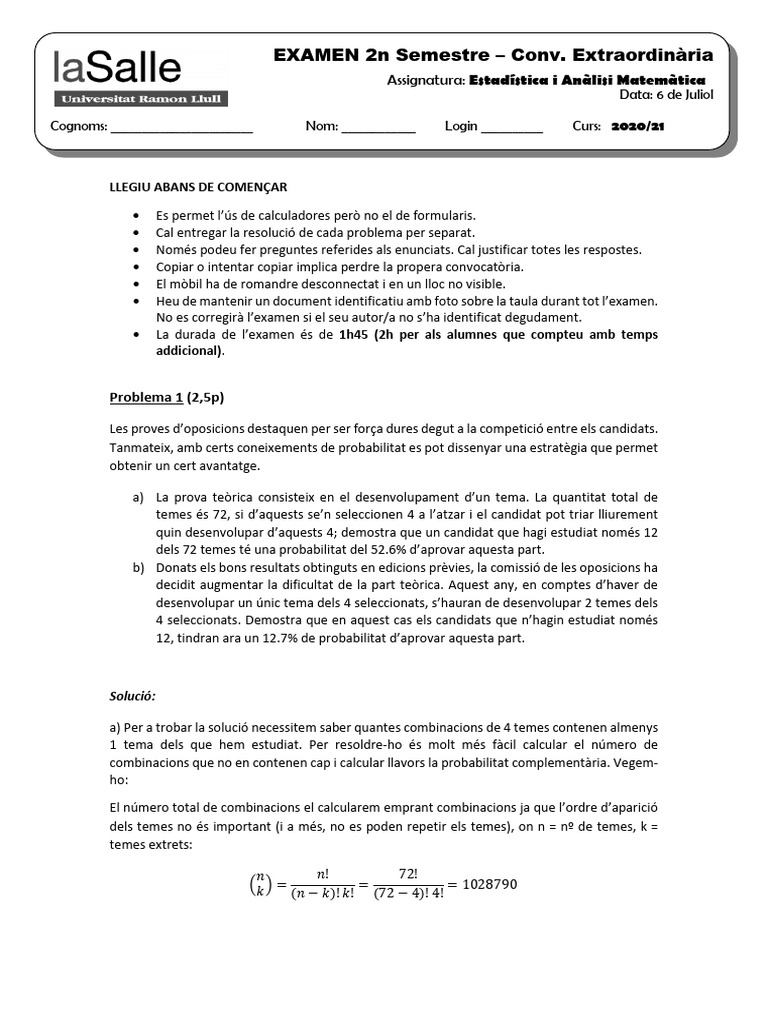 Estadística I Anàlisi Matemàtica 20-21 Examen S2 ConvExt Resolt | PDF