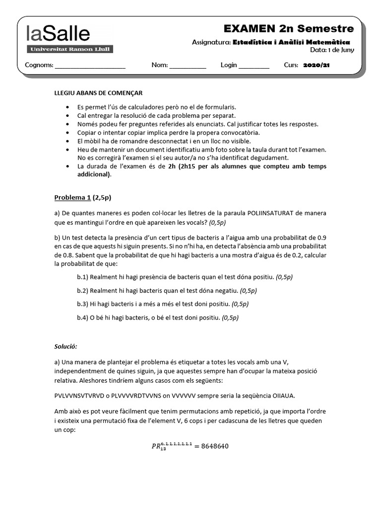 Estadística I Anàlisi Matemàtica 20-21 Examen S2 Resolt | PDF