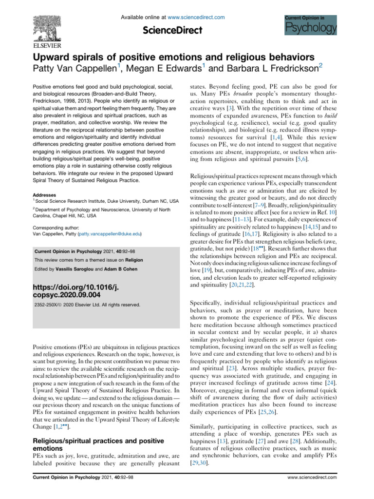 Upward Spirals of Positive Emotions and Religious Behaviors ...