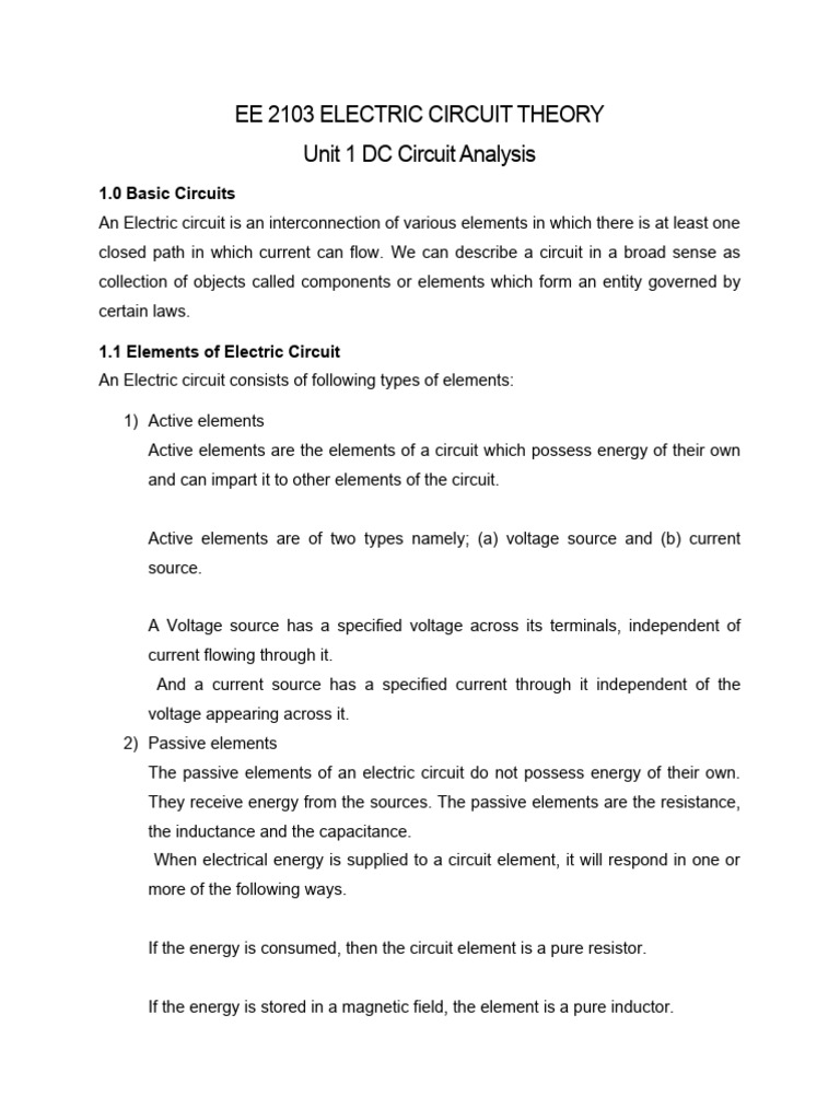 Unit 1 DC Circuit Analysis | PDF | Electrical Network | Electrical Resistance And Conductance