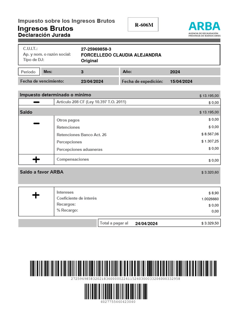 Forcelledo Claudia 032024 Iibb + | PDF | Dinero | Economias