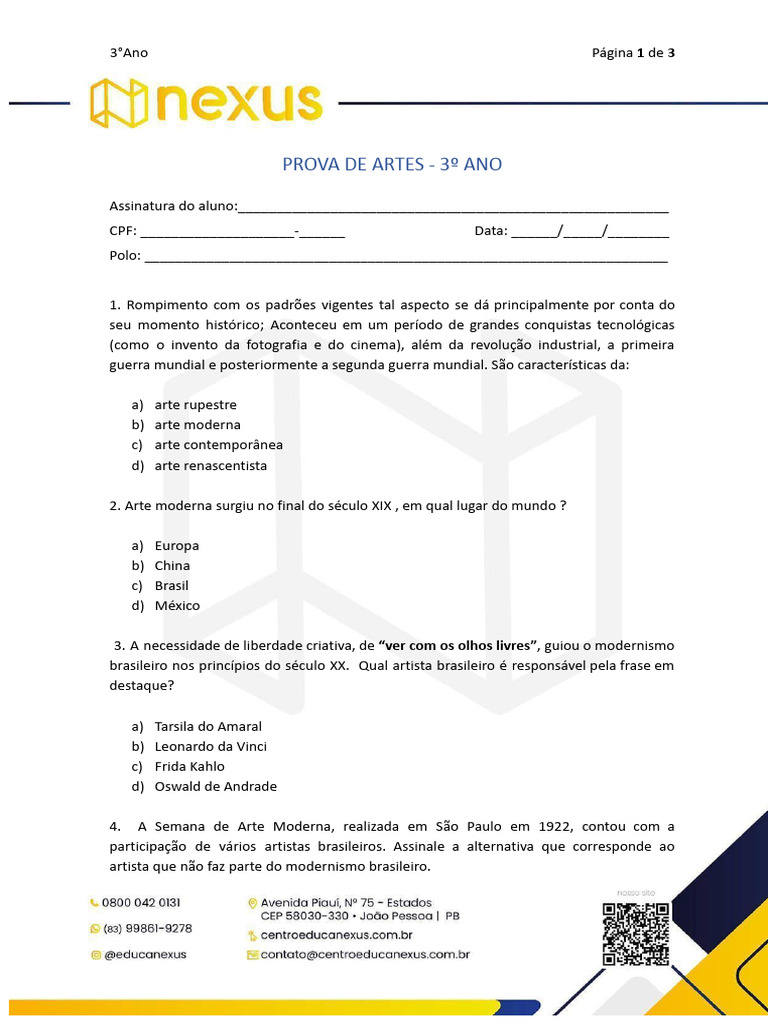 Prova de Artes - 3º Ano | PDF | As artes