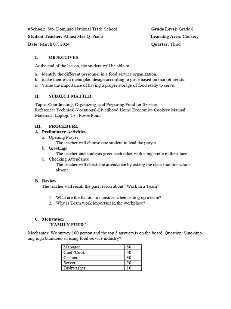 Menu Planning in Cookery Class | PDF | Menu | Meal