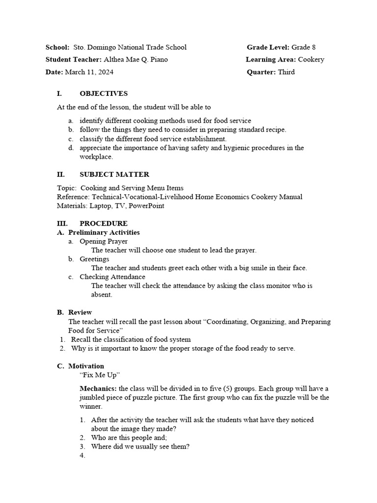 Lesson 5-Semi-Detailed Lesson Plan - Cookery 8 | PDF | Grilling | Cooking