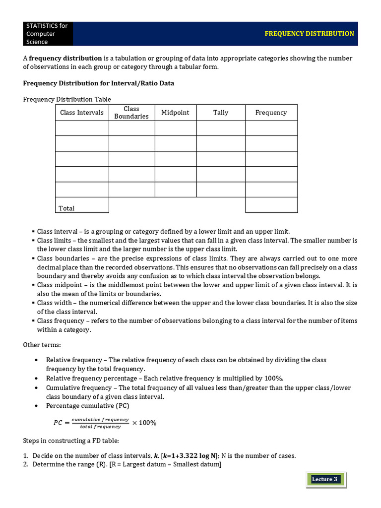 Lecture 5 Frequency Distribution | PDF | Interval (Mathematics) | Statistics