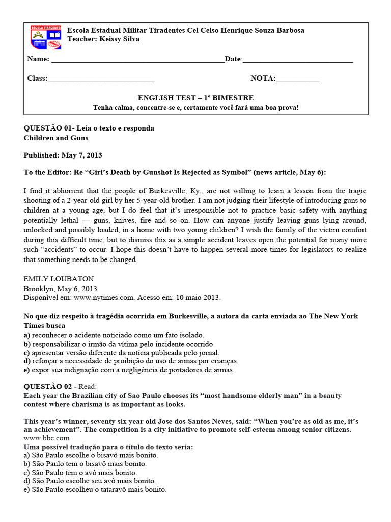 Prova 1º Bimestre - 3º Ano | PDF