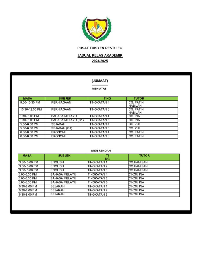 Jadual Tuisyen 2024/2025 | PDF
